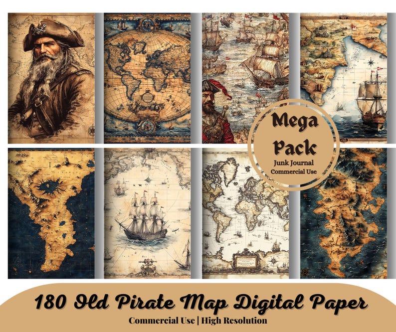 180 Old Pirate Map Junk Journal Kit Vintage Nautical Scrapbook Pages ...
