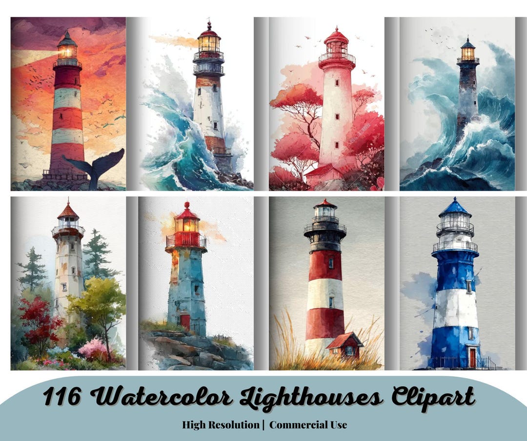 116 Watercolor Lighthouses Clipart, Cute, Nautical, Ocean, Clip Art ...