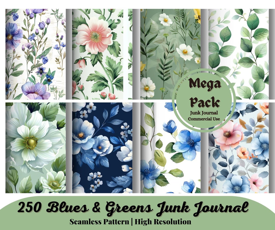 250 Blues & Greens Watercolor Floral Printable Paper Seamless Shabby ...