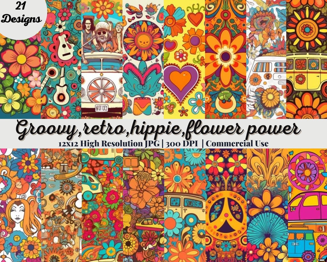 20 Groovy, Retro, Hippie, Flower Power, Digital Printable Clipart ...
