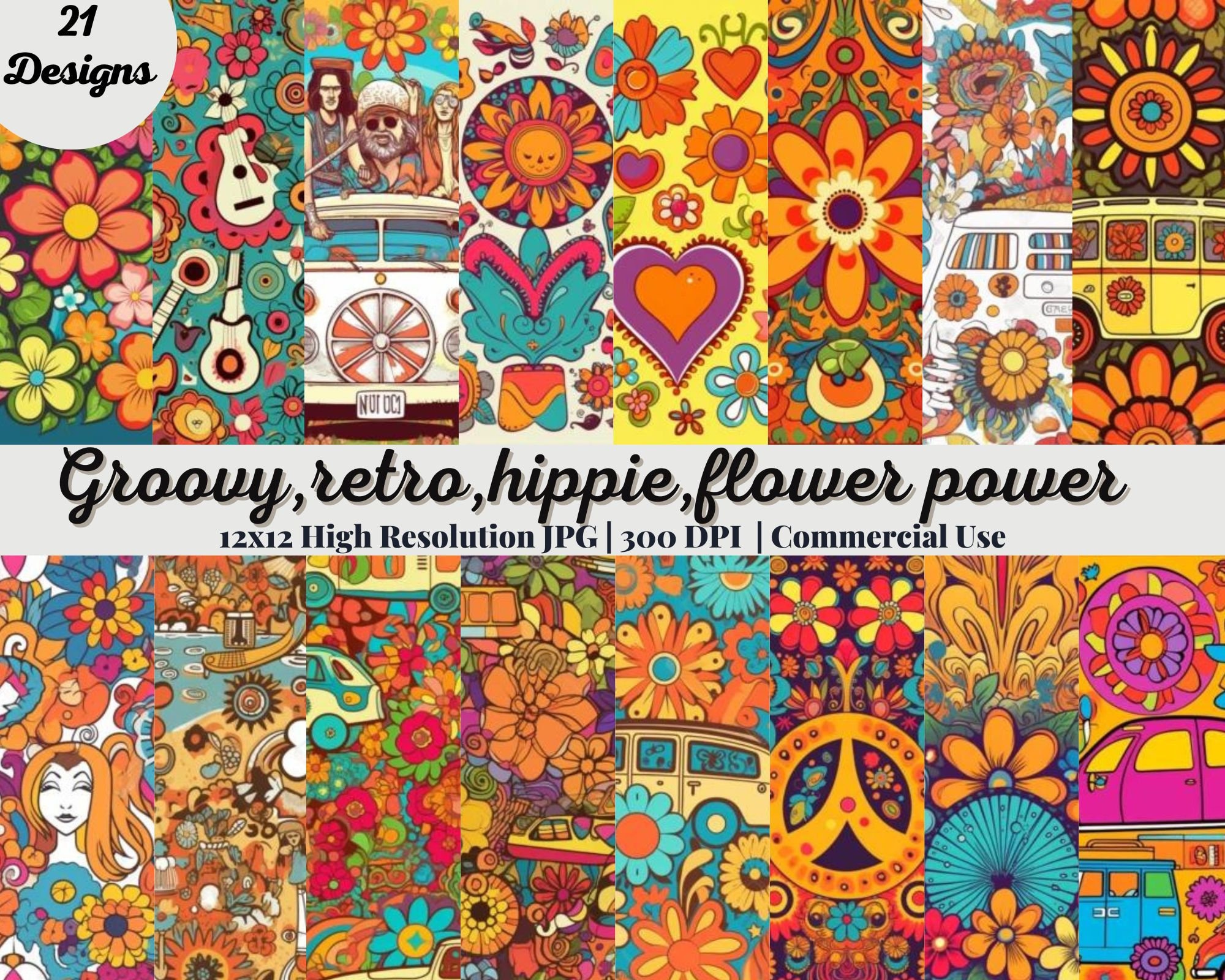 20 Groovy, Retro, Hippie, Flower Power, Digital Printable Clipart ...