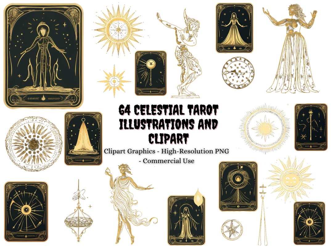 64 Celestial Tarot Illustrations, Gold Vector and Digital Paper- to ...