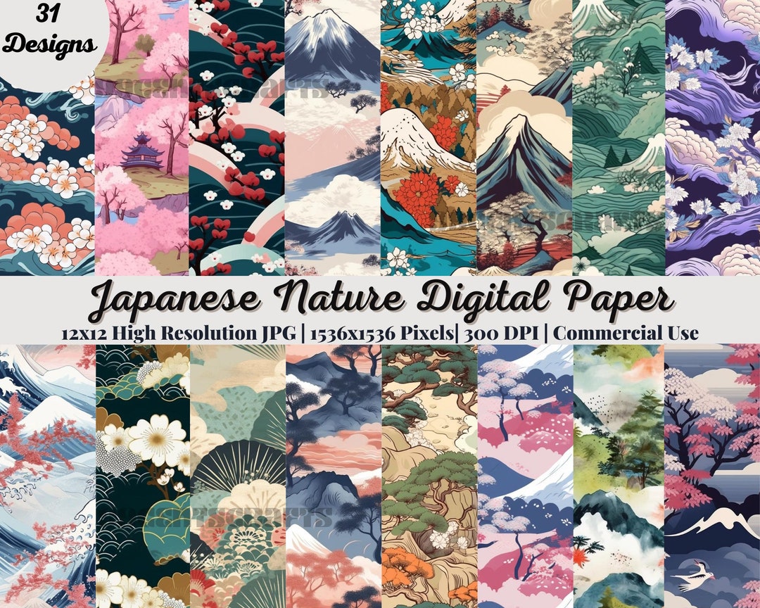 31 Japanese Nature Digital Paper, Seamless Design, Wave Pattern, Cherry ...