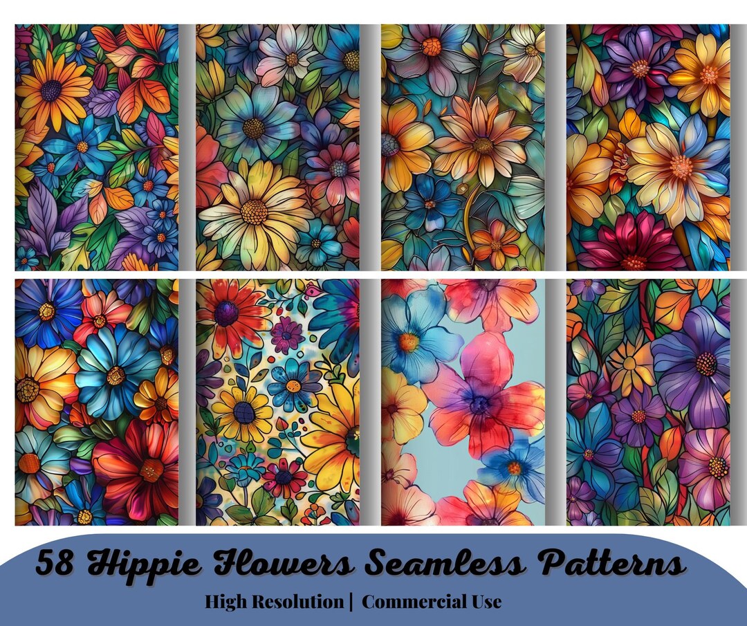 58 Hippie Flowers Seamless Patterns, Grunge Hippie Flowers, Digital ...
