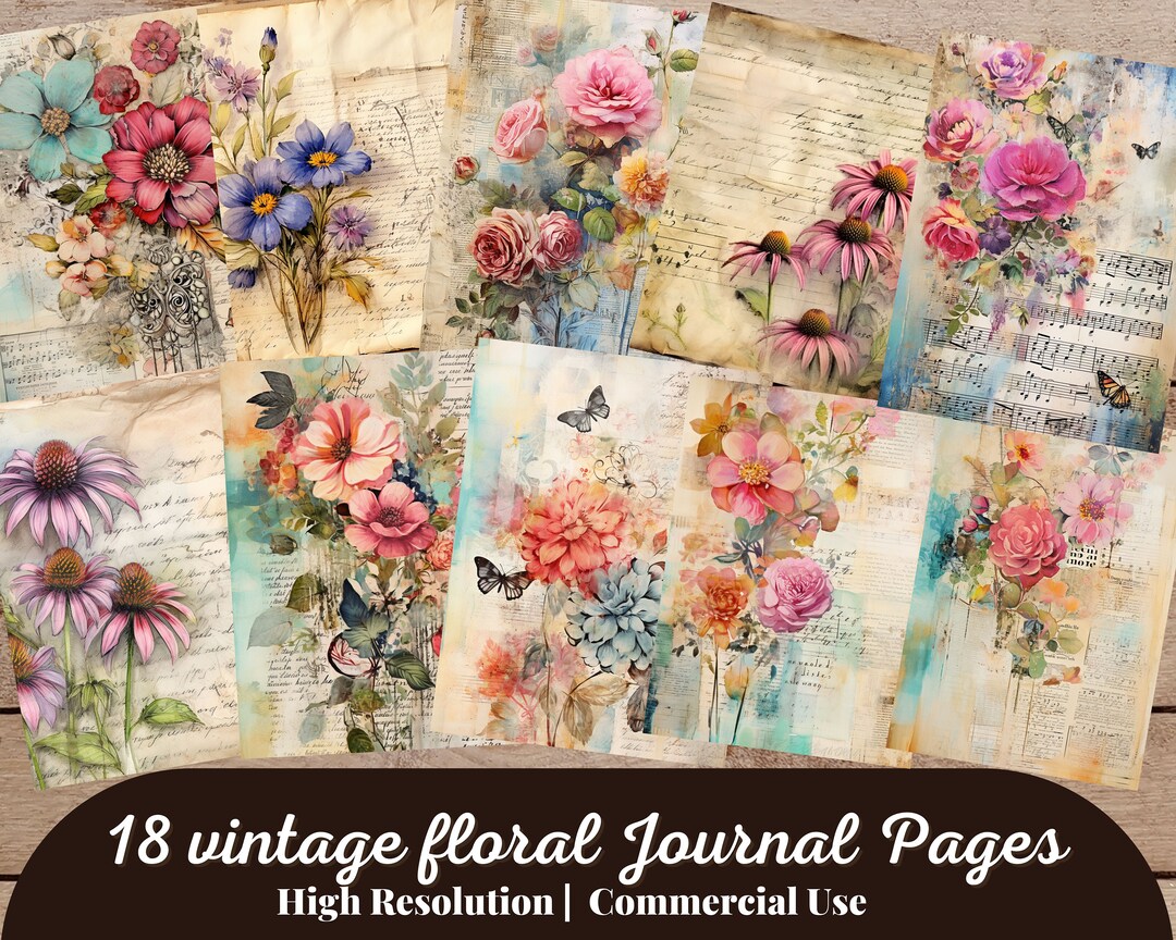 18 Vintage Floral Journal Pages, Junk Journal Kit, Basic Papers ...
