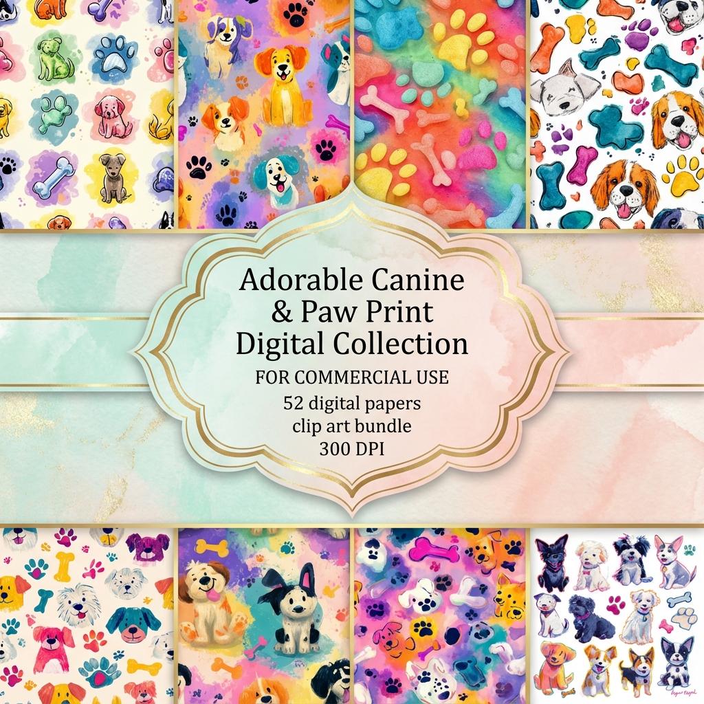 Dogs Digital Paper Pack 52 Cute Puppy Pet Seamless Backgrounds for ...