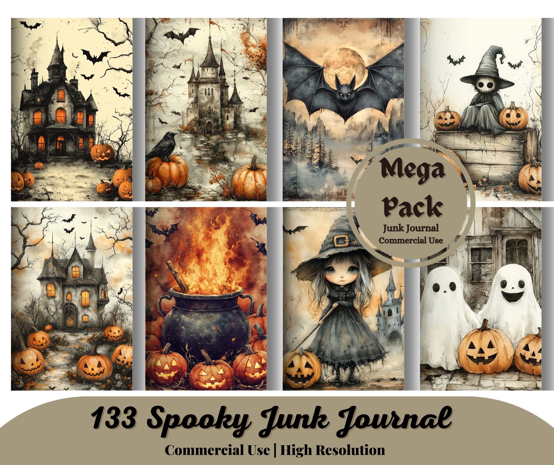 133 Spooky Halloween Junk Journal Pages, Halloween Scene, Mixed Media ...