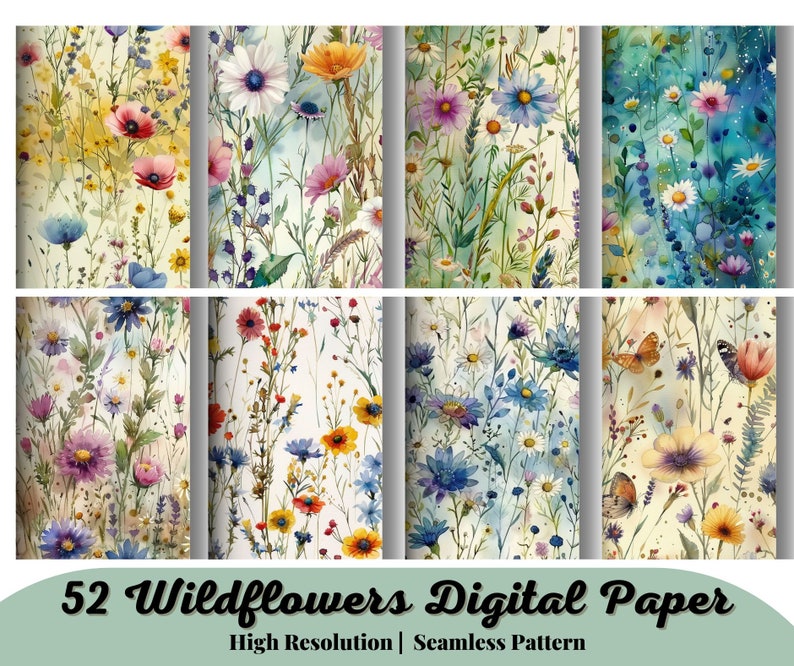 52 Watercolor Wildflowers Digital Paper Set, Spring Flowers Junk ...