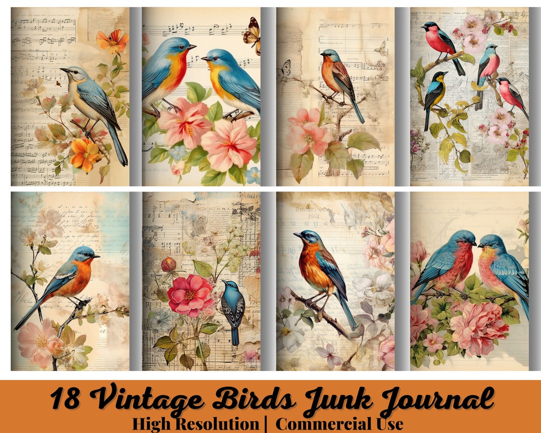 18 Vintage Birds Junk Journal, Vintage Journal Papers, Flowers Junk ...
