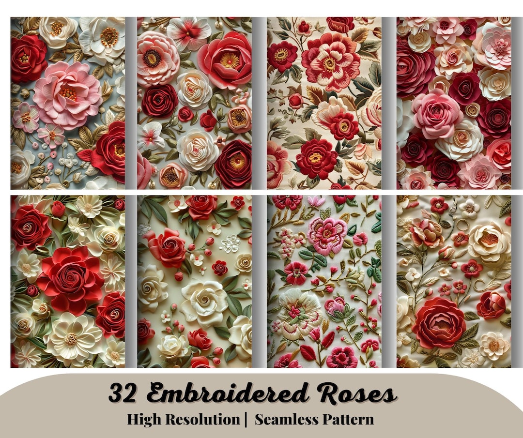 32 Embroidered Roses Seamless Pattern, Digital Seamless Pattern Roses ...