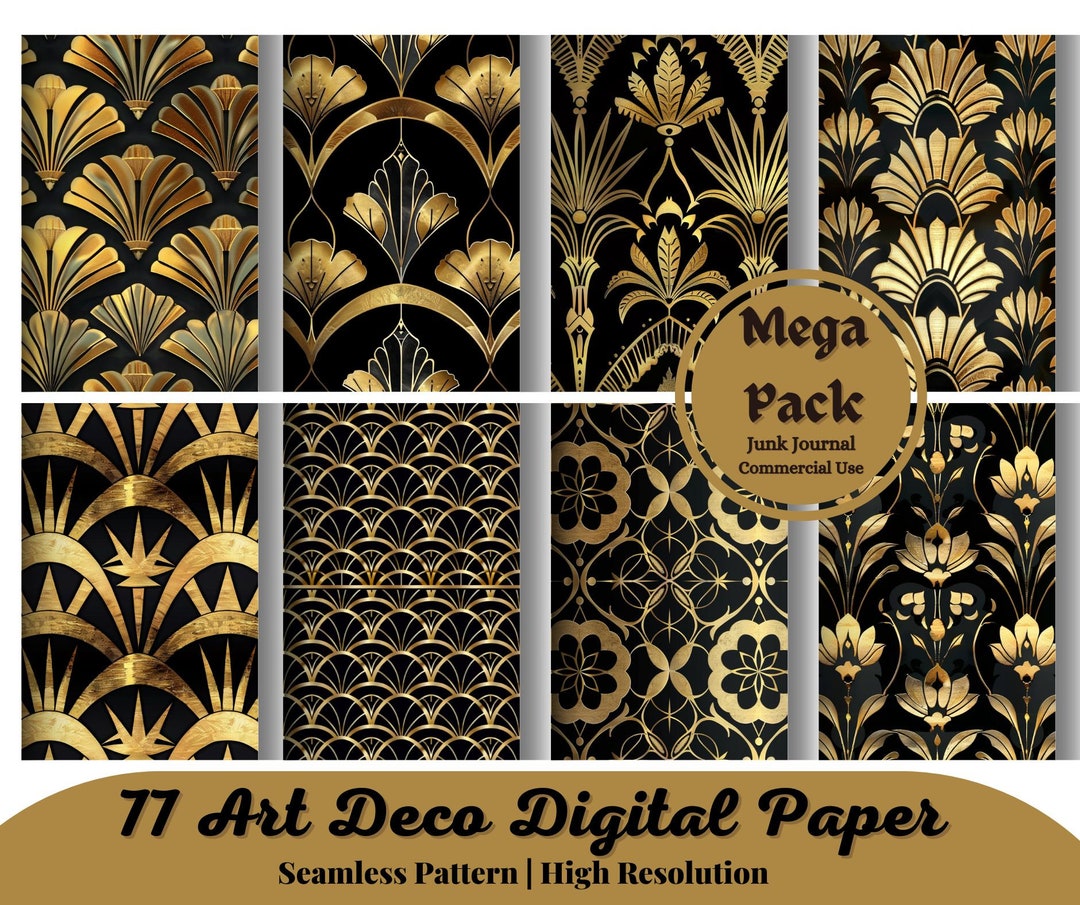 77 Art Deco Digital Paper, Seamless Retro Art Deco Patterns in Black ...
