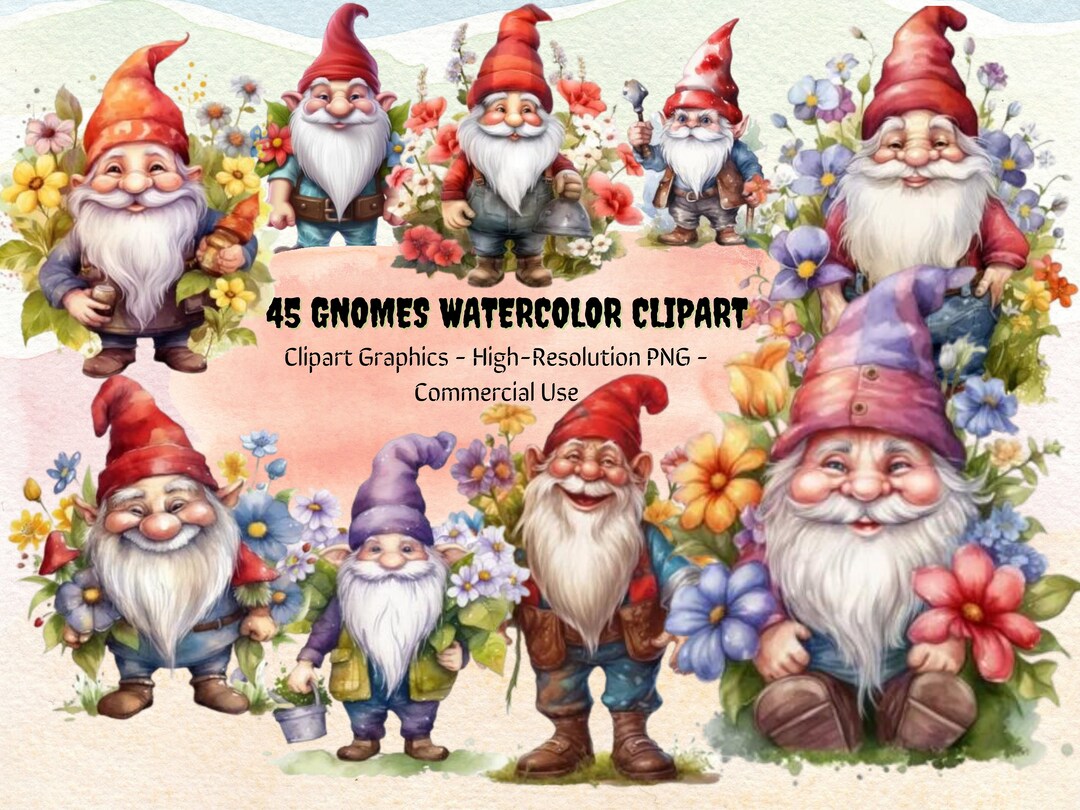 45 Gnomes Watercolor Clipart Bundle magical Enchanting Fairytale ...