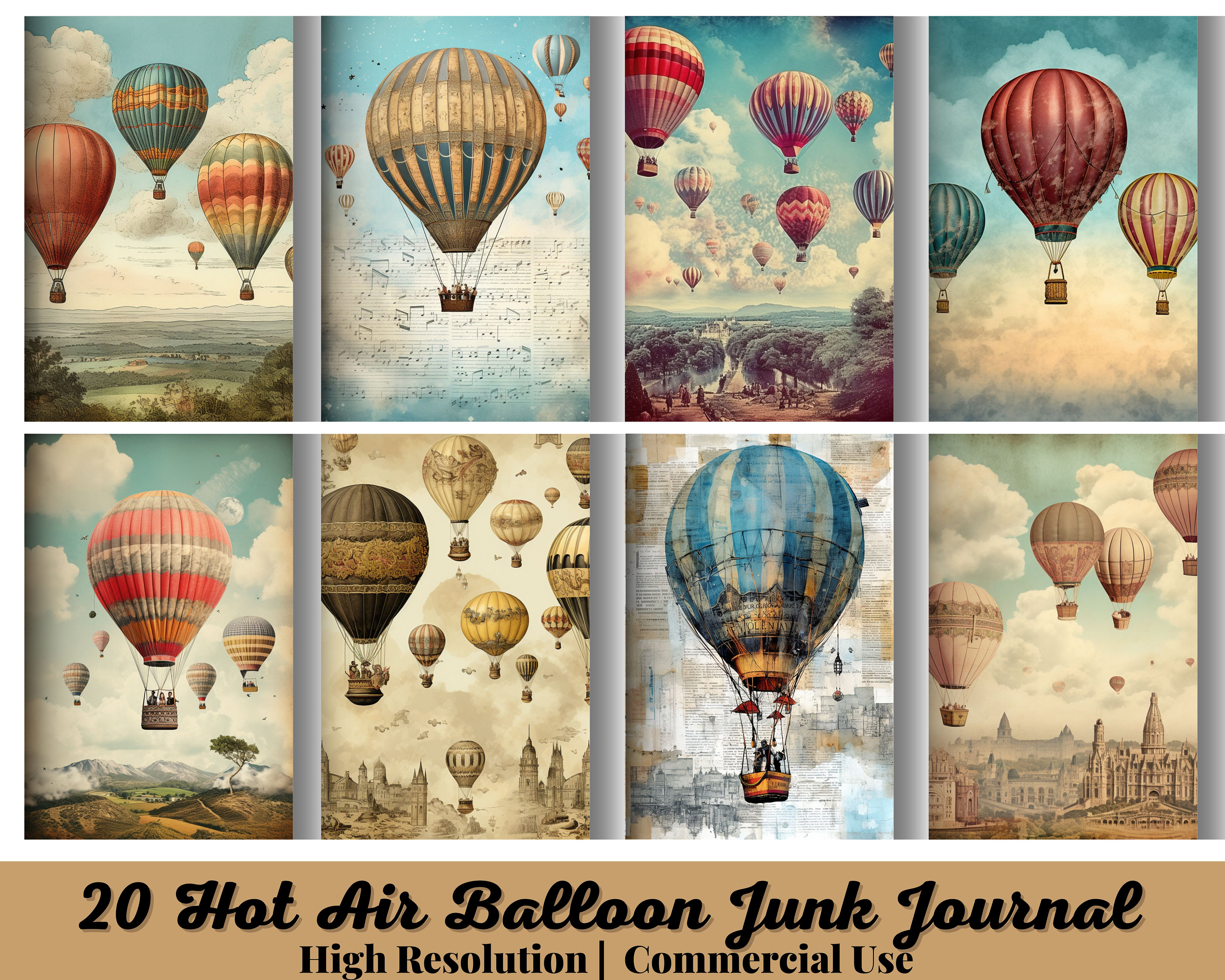 20 Hot Air Balloon Junk Journal, Printable Kit, Collage, Digital ...