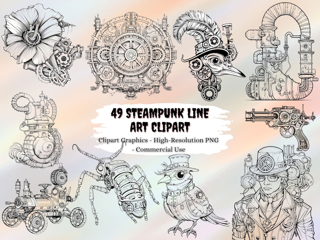 49 Steampunk Line Art Clipart, Fantasy Clip Art Graphics, Collage ...