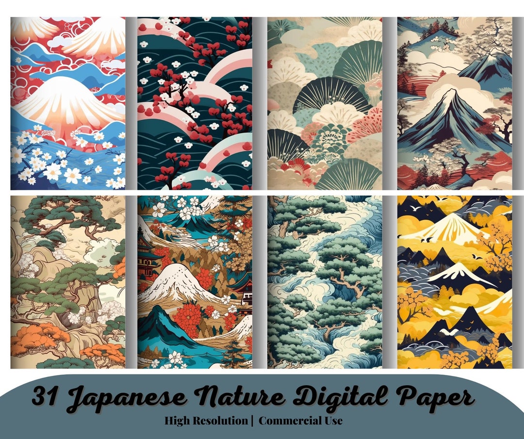 31 Japanese Nature Digital Paper, Seamless Design, Wave Pattern, Cherry ...