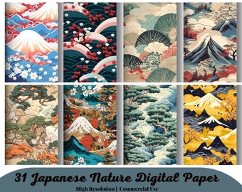 12 Japanese Nature Digital Paper, Seamless Design, Wave Pattern, Cherry ...