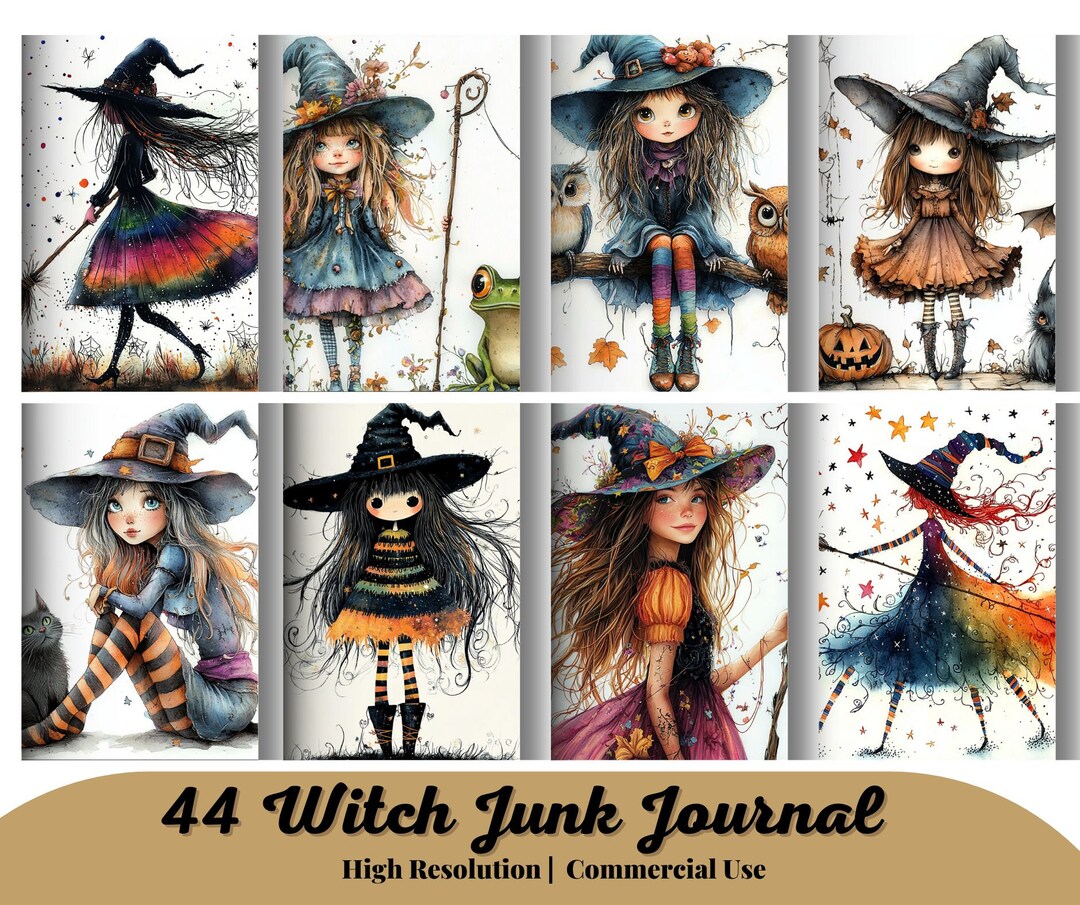 44 Quirky Witch Clip Art, High Res Watercolor Jpgs for Junk Journaling ...