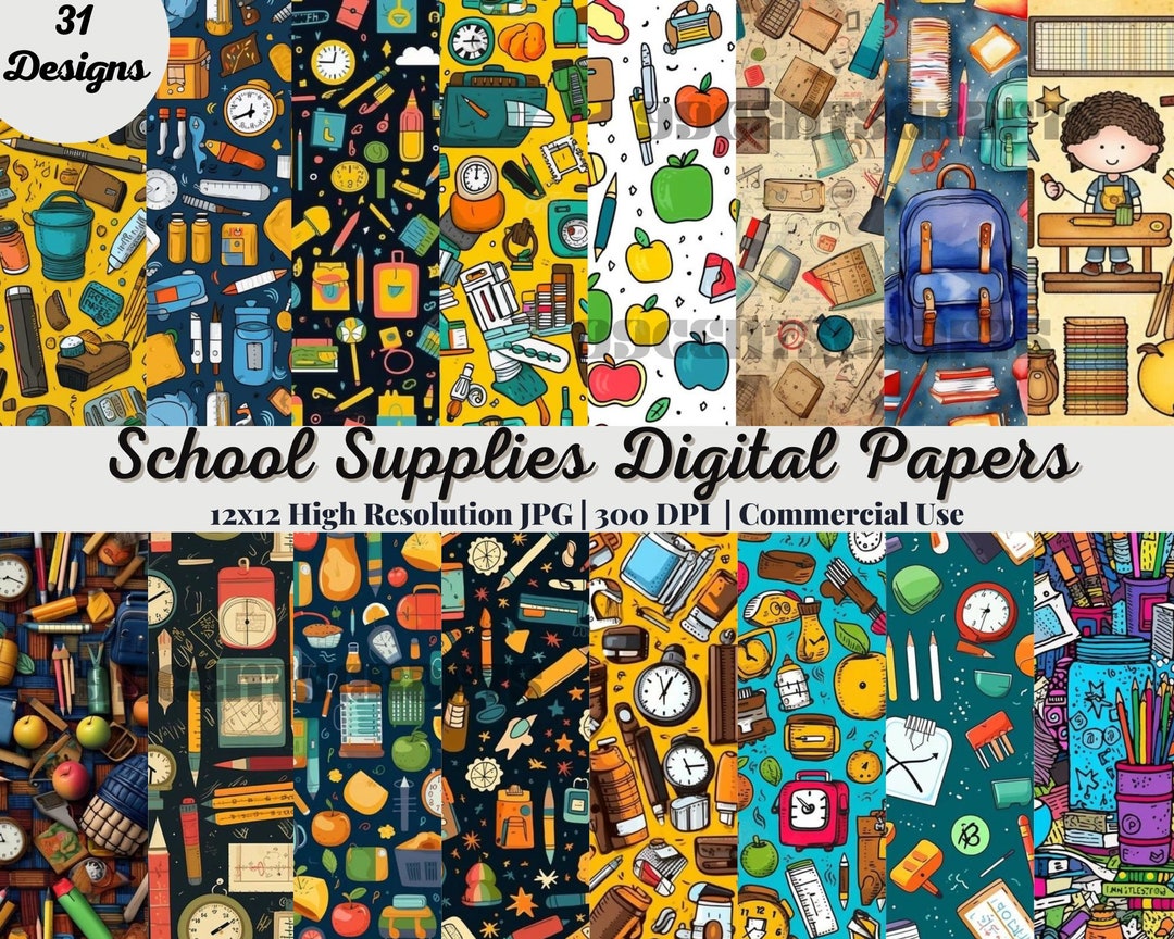 31 School Supplies Digital Papers | Seamless | Back to School | School ...