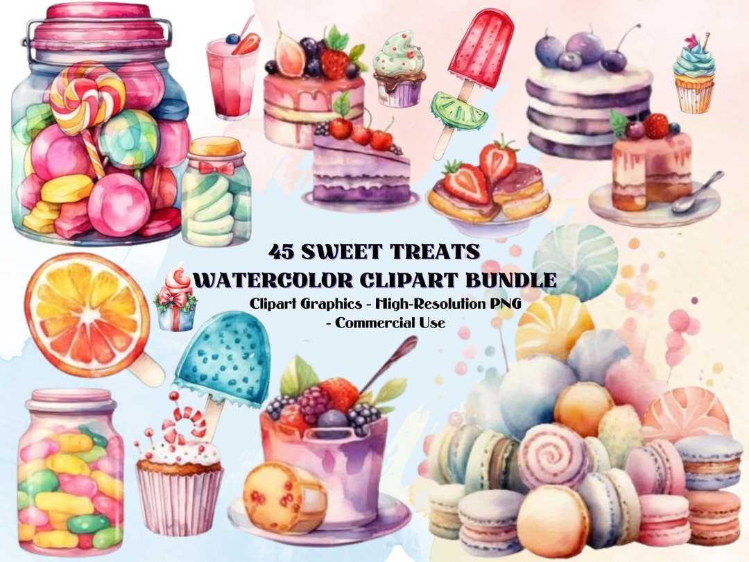 45 Sweet Treats Watercolor Clipart Bundle, Tasty Desserts, Donuts ...