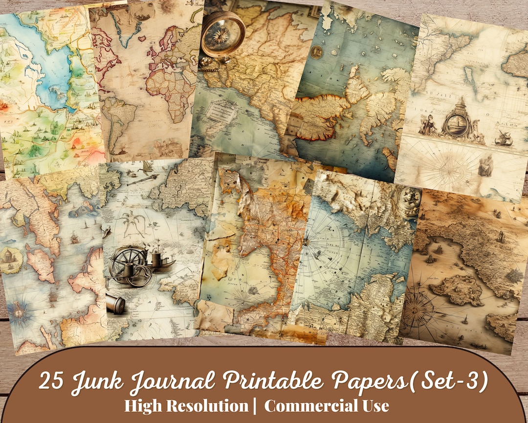 25 Junk Journal Printable Vintage Map Papers, Vintage Paper Journal ...