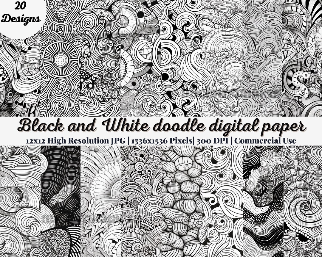 20 Black and White Doodle Digital Paper Pack. Patterns Scrapbooking ...