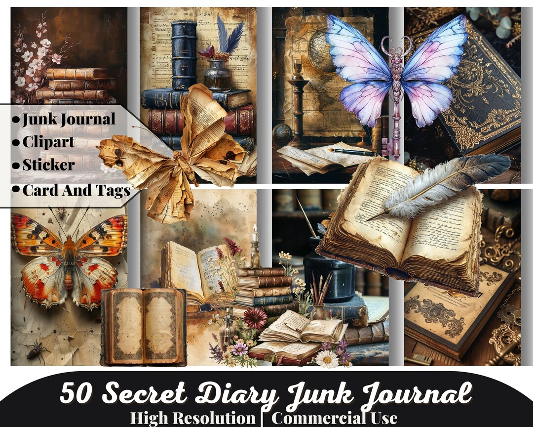 50 Secret Diary Junk Journal, Printable Kit, Vintage Grunge, Digital ...