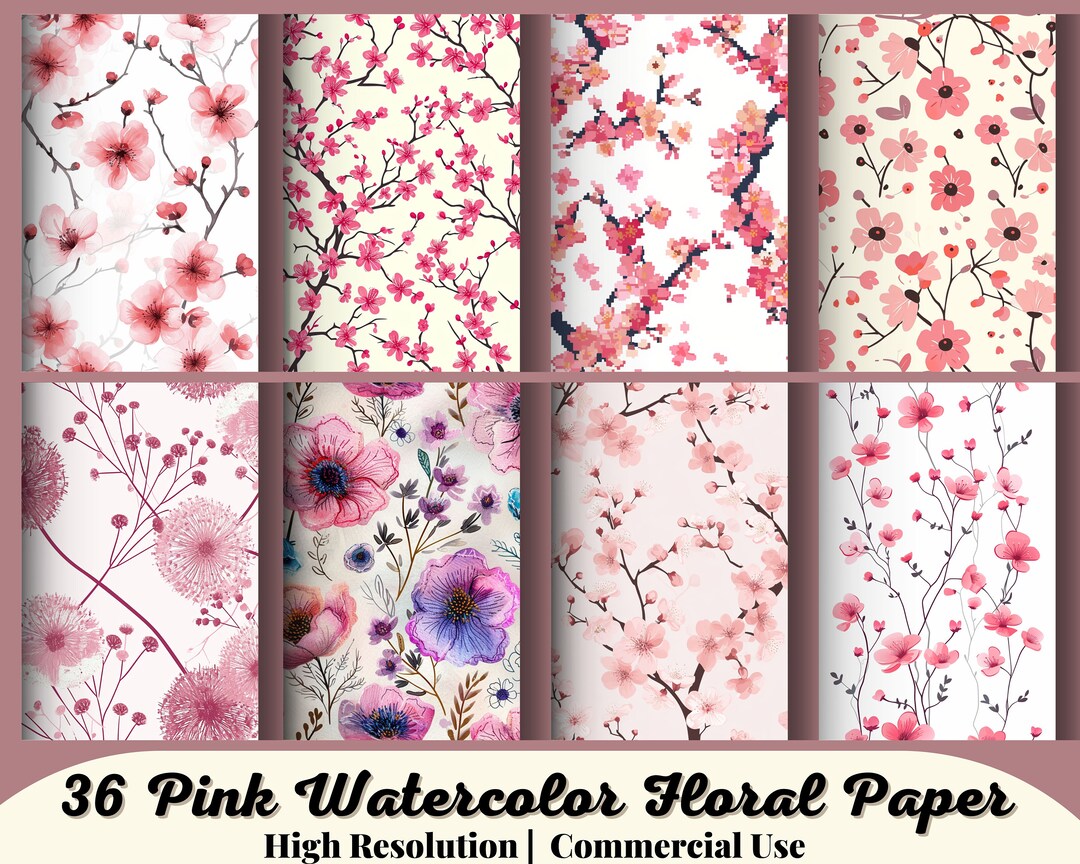 36 Pink Watercolor Floral Printable Paper, Seamless Shabby Chic, Instant Digital Download ...