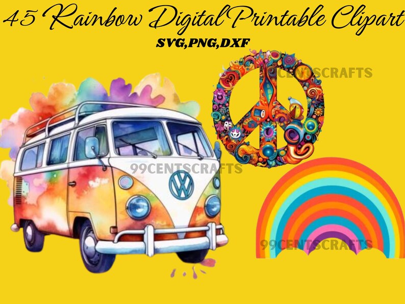 45 Groovy Retro Rainbow Rainbow Clipart Hippie Car - Etsy