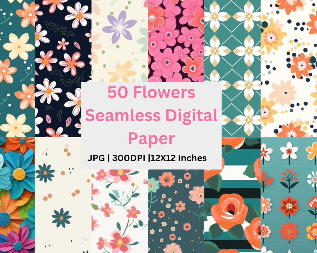 50 Flowers Digital Paper, Flowers Seamless Pattern, Floral Prints ...