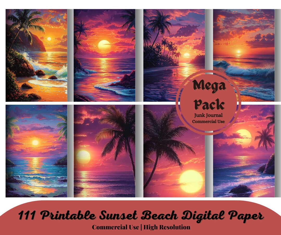 Printable Sunset Beach Digital Paper, Summer Beach Sunset Background ...