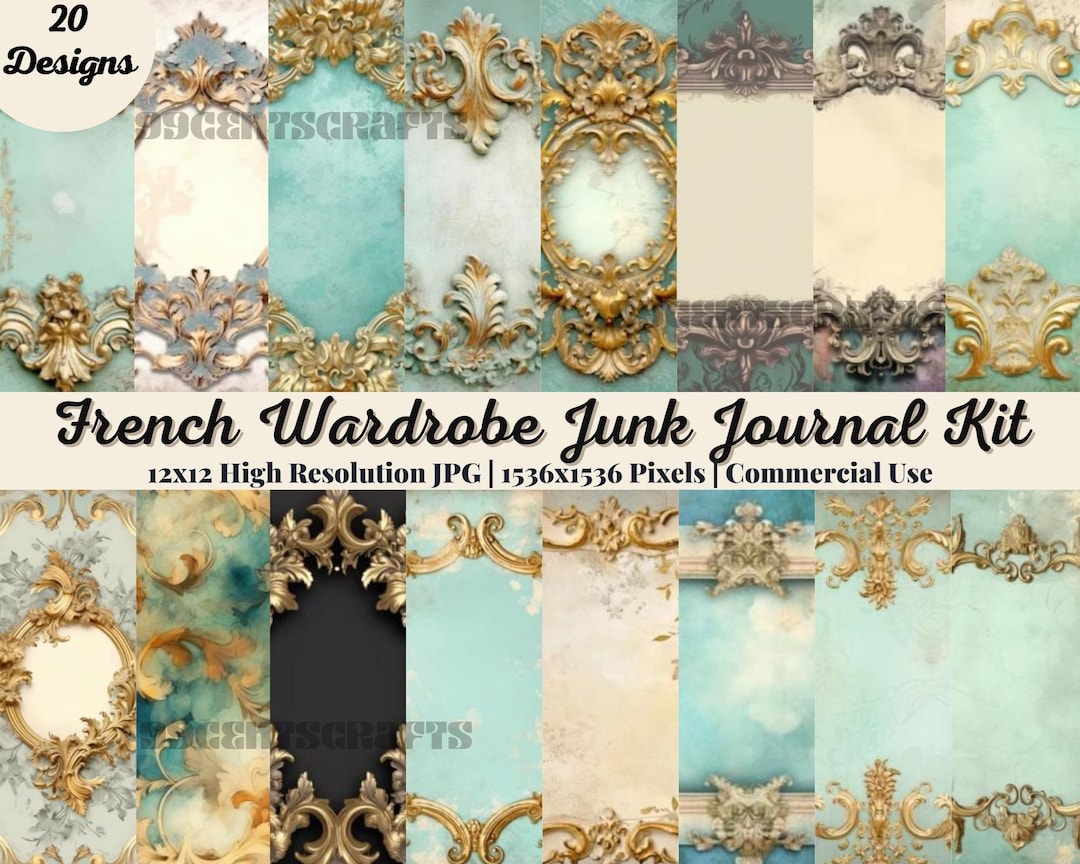 20 French Wardrobe Junk Journal Kit, Vintage Ephemera, Turquoise Insert ...