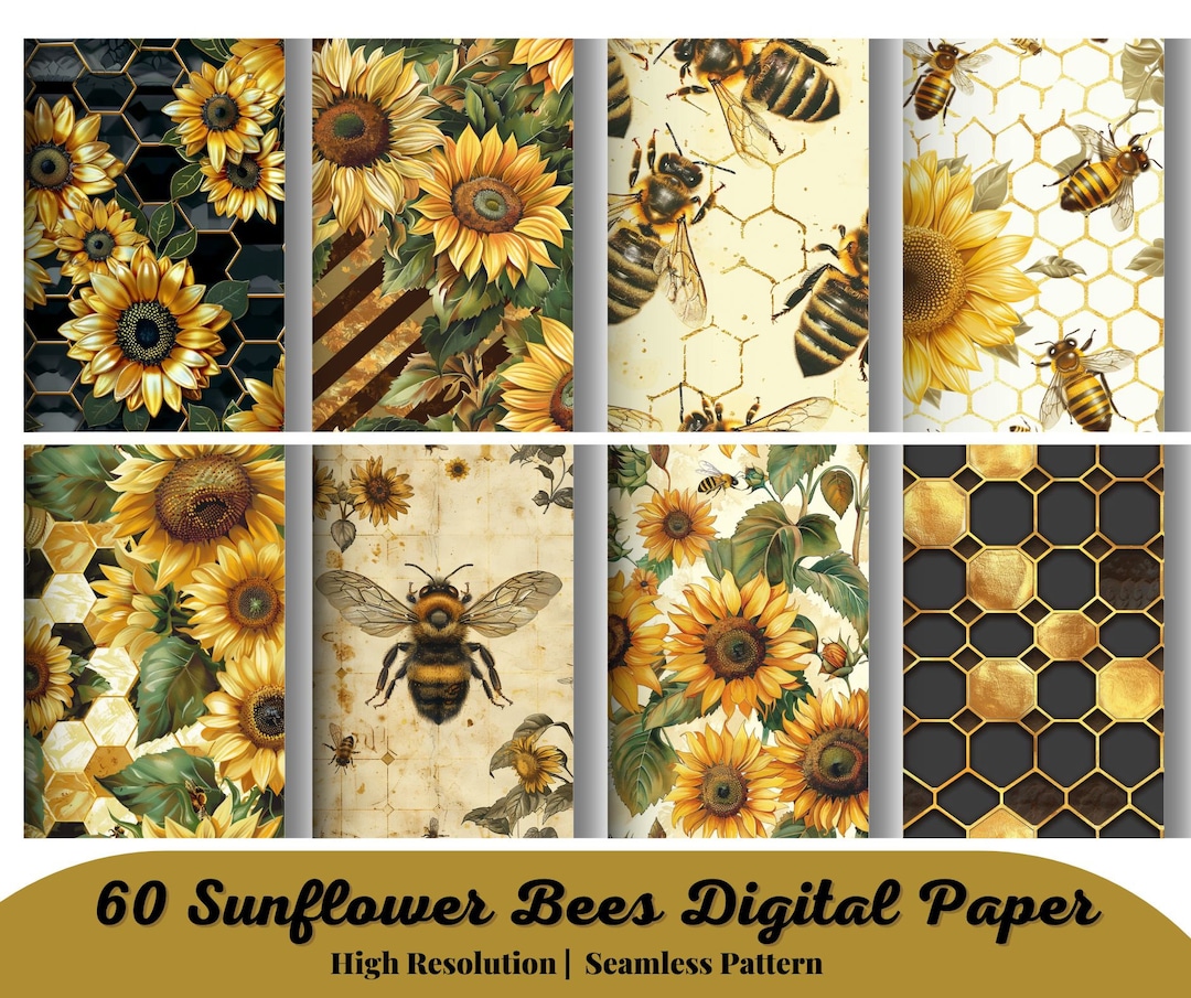 60 Sunflower Bees Digital Paper - Seamless Gold Honey Bee Patterns ...