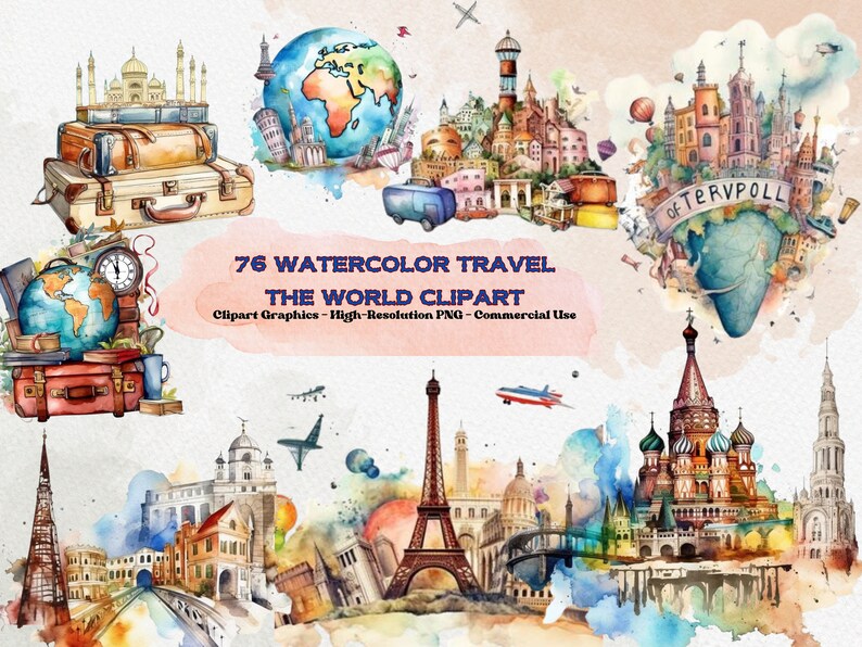 76 Watercolor Travel the World Clipart Bundle, Summer Vacation Clipart ...