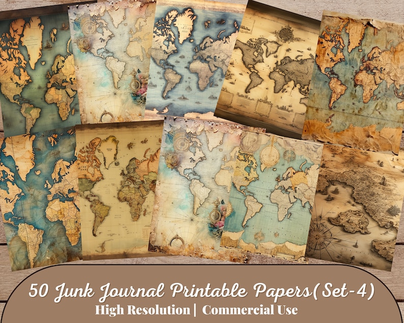 50 Junk Journal Printable Vintage Map Papers, Vintage Paper Journal ...