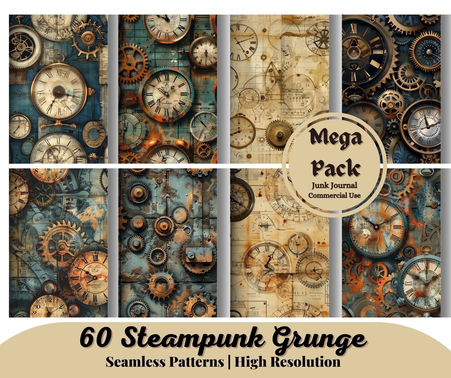 60 Steampunk Grunge Seamless Patterns, Steampunk Ephemera Digital Paper ...