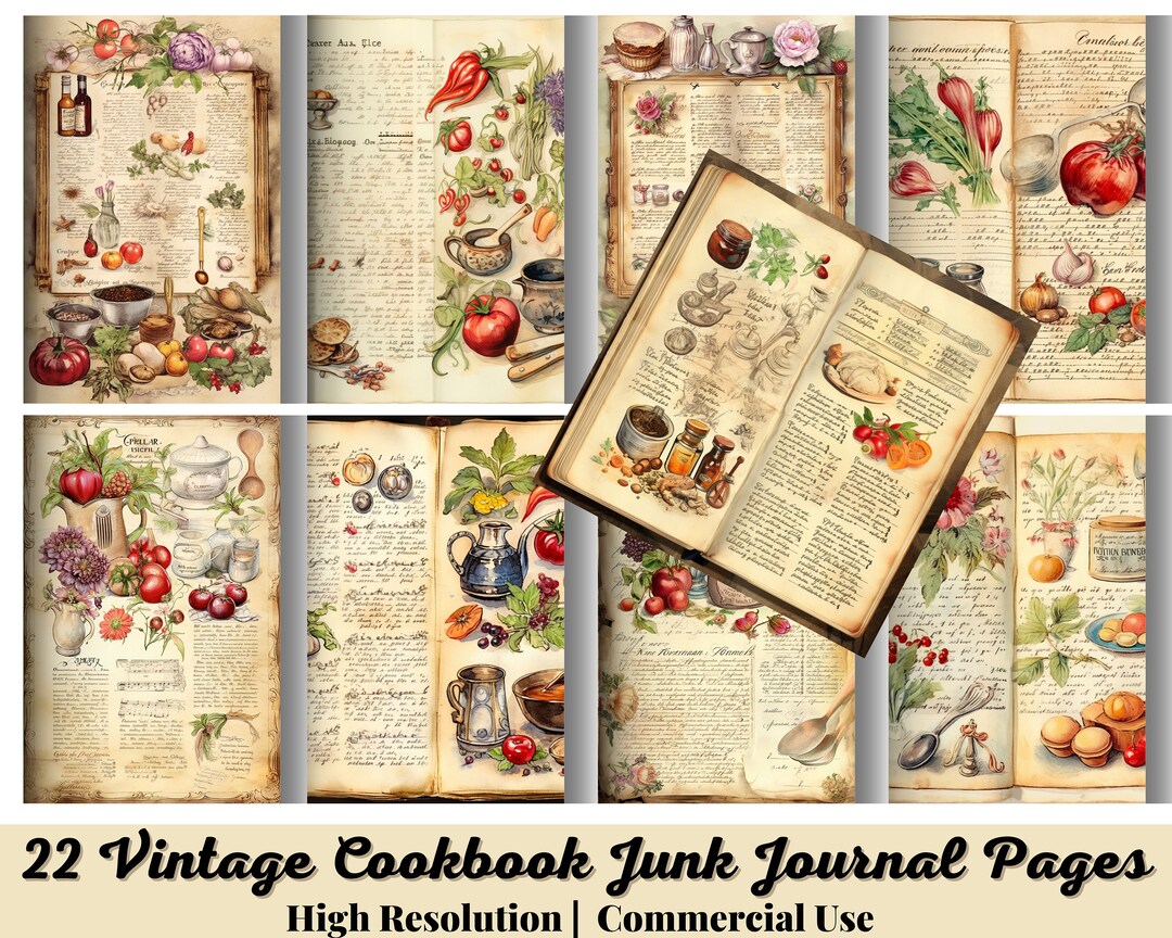 22 Vintage Cookbook Junk Journal Pages, Digital Scrapbook Paper Kit ...