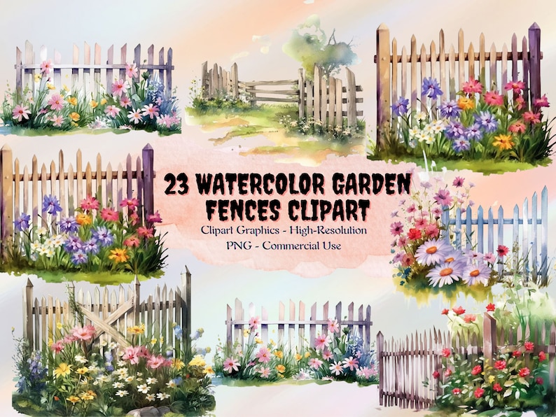 23 Watercolor Garden Fences Clipart| Spring Floral PNG Format| Instant ...