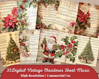 23 Digital Vintage Christmas Sheet Music Digital Paper, Scrapbook Paper ...