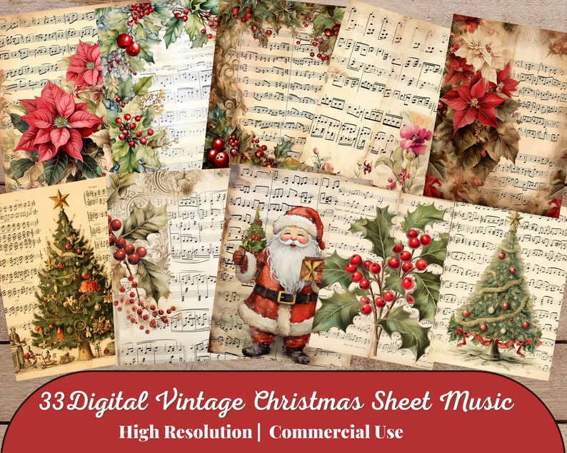 33 Digital Vintage Christmas Sheet Music Digital Paper, Scrapbook Paper ...