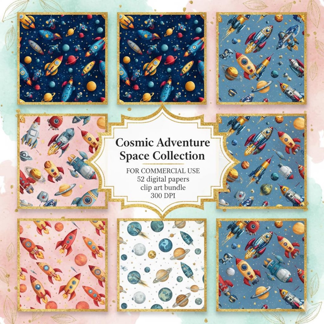 Space & Rockets Pattern Digital Paper | Cosmic Planets Backgrounds ...