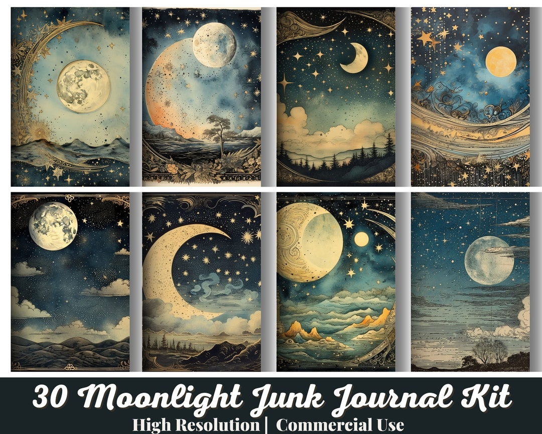 30 Moonlight Junk Journal Kit, Digital Printable Kit, Moon and Sun ...