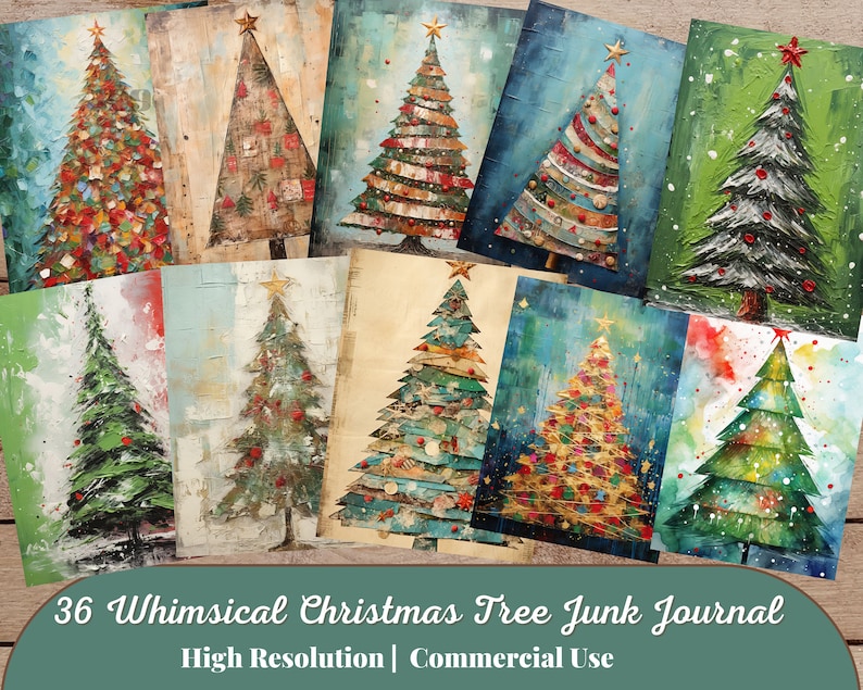 36 Whimsical Christmas Tree Junk Journal Half Pages, Printable Paper ...