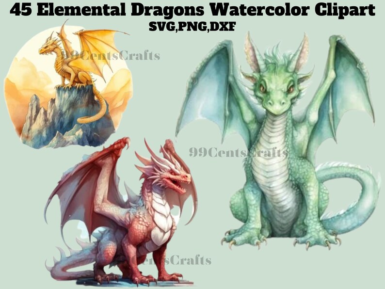 45 Elemental Dragons Watercolor Clipart Bundle Magical - Etsy