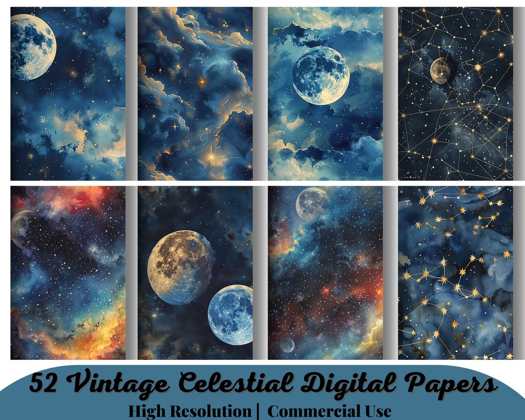 52 Vintage Celestial Digital Papers, Printable Scrapbook Paper, Galaxy ...