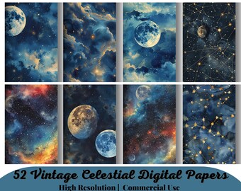 30 Vintage Celestial Digital Papers, Printable Scrapbook Paper, Galaxy ...