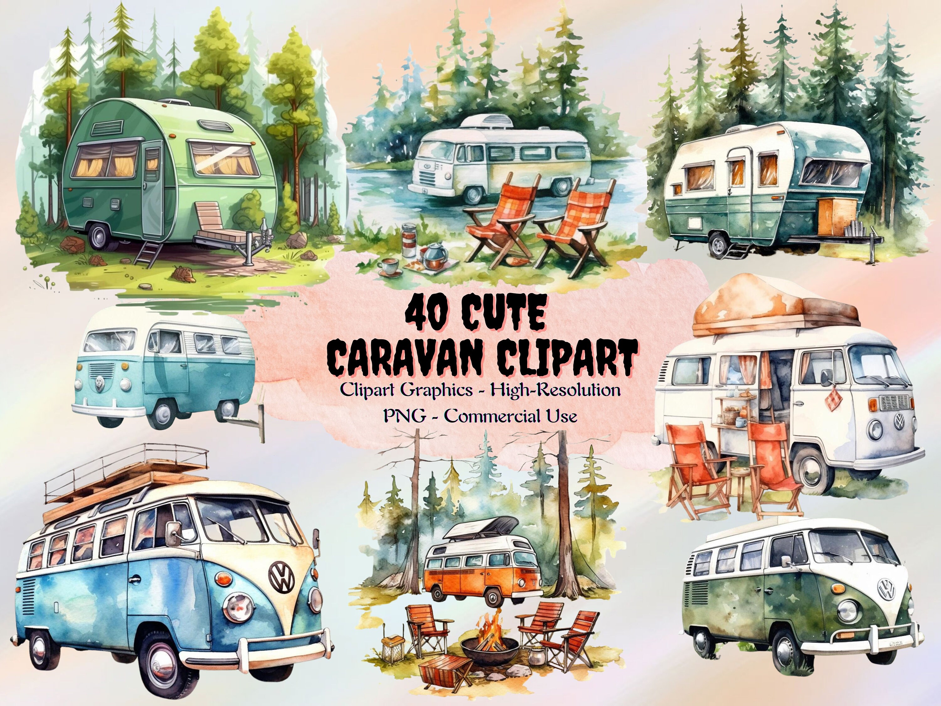 40 Cute Caravan Clipart, Printable Image, Commercial Use, Junk Journal ...