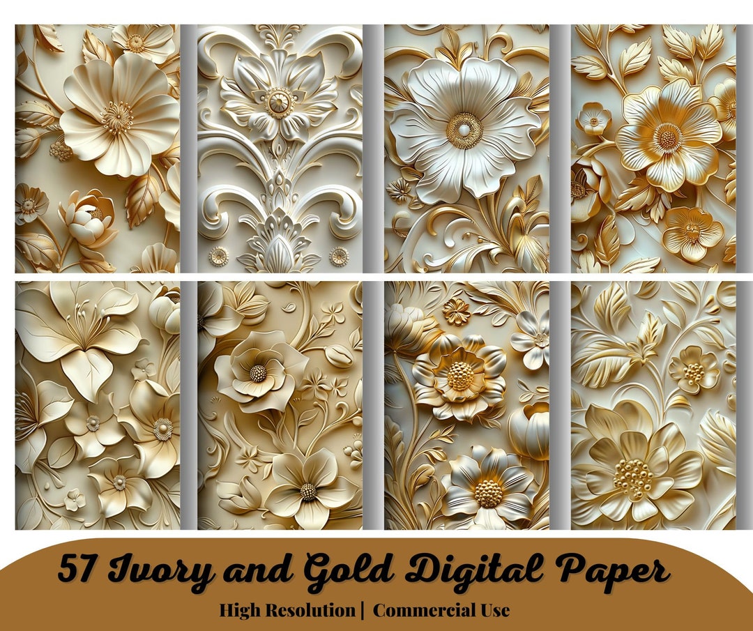 57 Ivory and Gold Digital Paper, Luxury Background, Floral Paper Pack ...