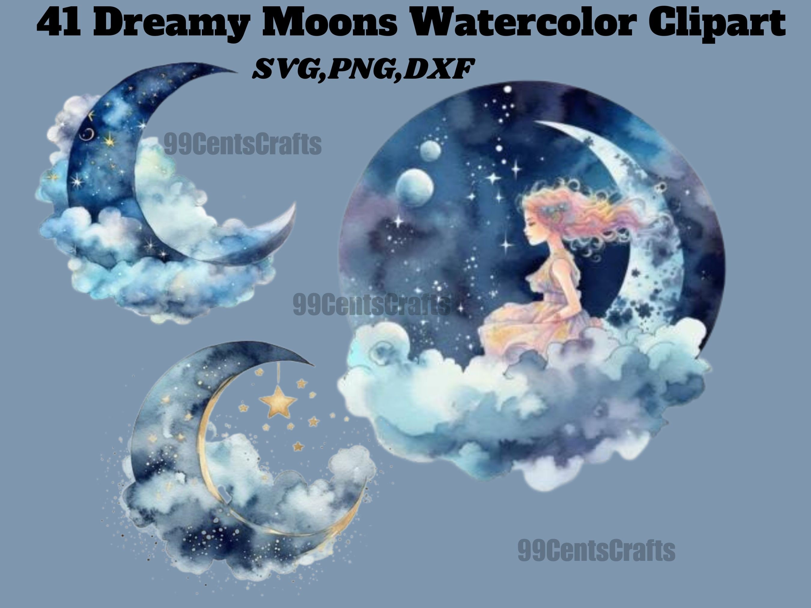 41 Dreamy Moons Watercolor Clipart Bundle PNG Images of - Etsy