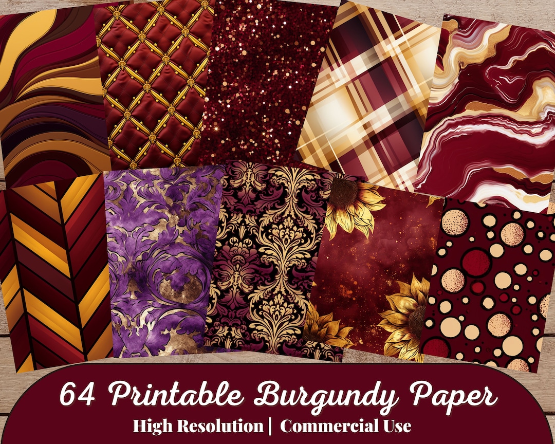64 Printable Burgundy Paper, Big Bundle Damask Pattern, Stripes, Dots ...