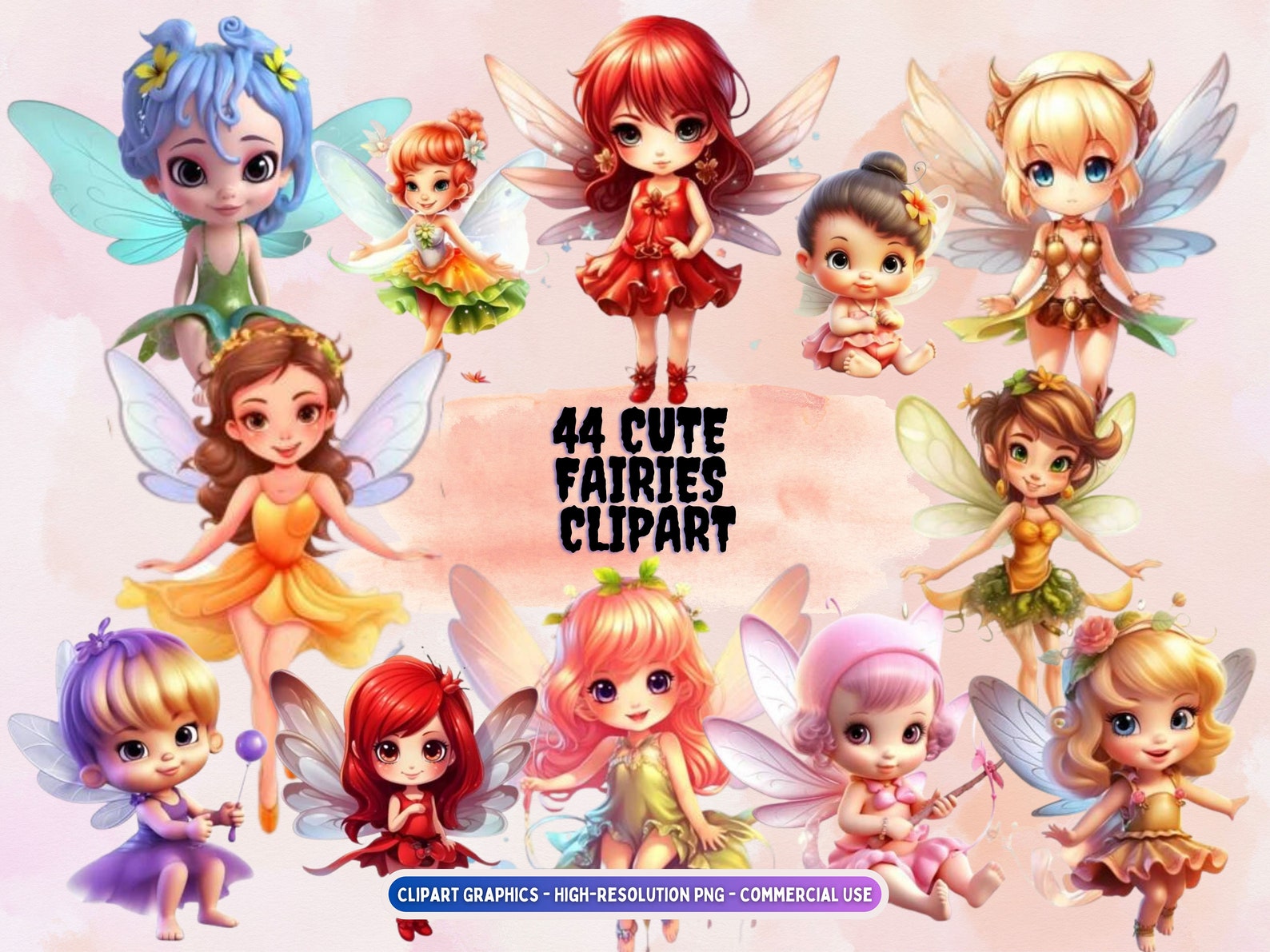 44 Cute Fairies Clipart, PNG Clipart Bundle, Watercolor Fairy Girls ...